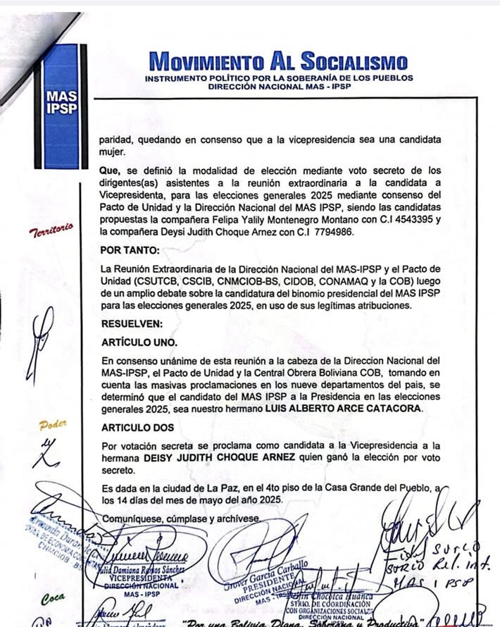 El Pacto de Unidad y el MAS-IPSP oficializan al binomio Luis Arce y Deysi Choque – Sin Mordaza ...
